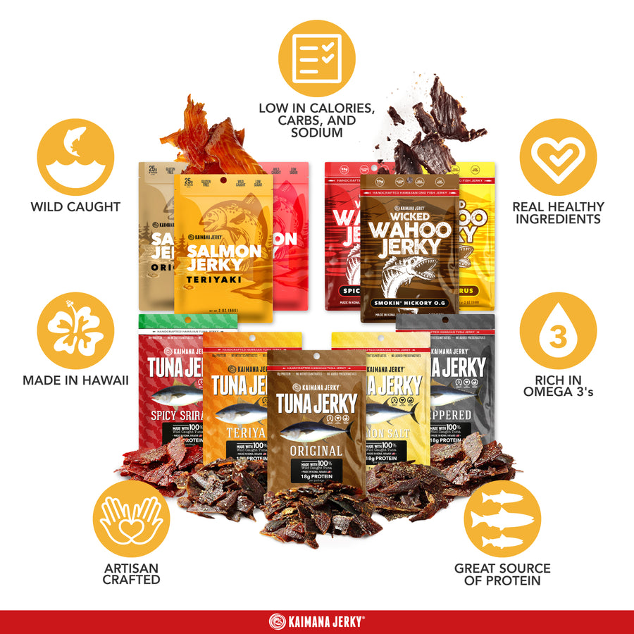 Salmon, Ahi Tuna, Wahoo Fish Jerky Sample Pack: Kaimana Jerky